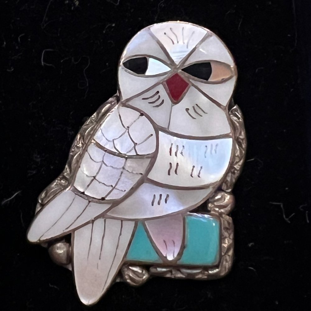 Vintage Zuni Tribe Owl Inlay Brooch 925 Sterling Silv… - Gem